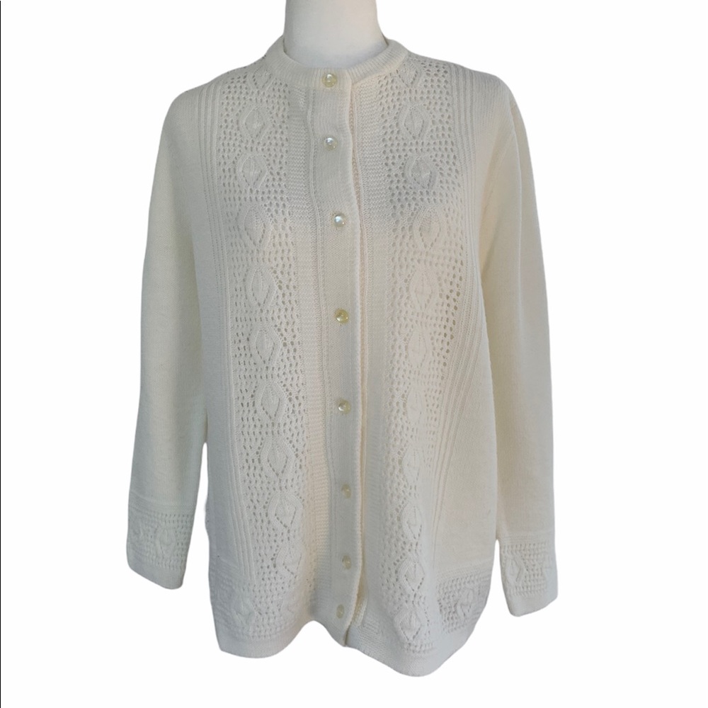 Vintage Crochet Cream Colored Cardigan Knitted Sweater - Gem